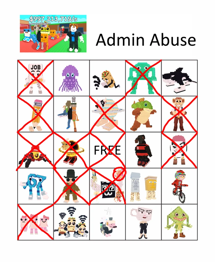 Steal a Brainrot Admin Abuse Bingo Card i made for today's admin abuse (i hope to get one bingo ...