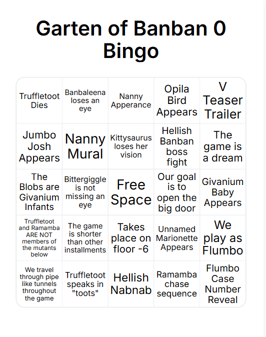 My Garten of Banban 0 BINGO card! | Fandom