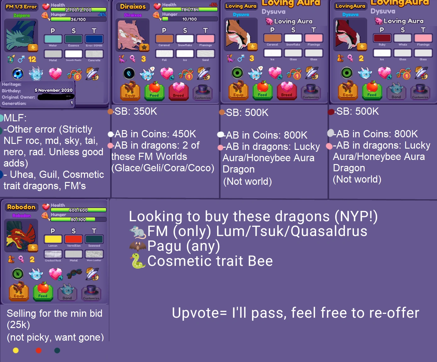 Auctioning 1/3 Morpho error FM Zeip, Dira, x2 loving bats, robo + buying a few dragons | Fandom