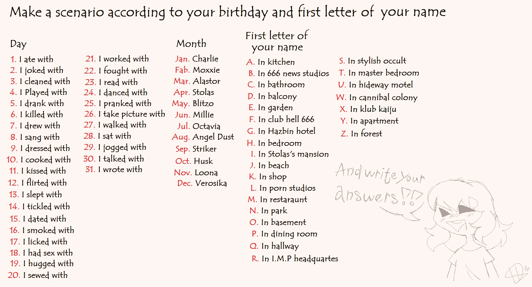 Make a scenario according to your birthday and your first letter of ...