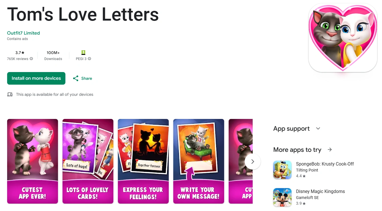 You can get the "Tom's Love Letters" App (ps: its still shows up but ...