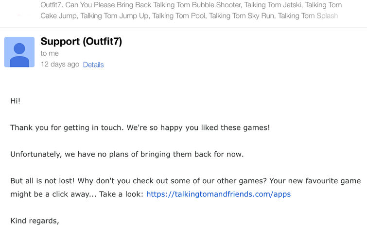 UPDATE ABOUT EMAILING OUTFIT7 ABOUT THE OLD GAMES | Fandom