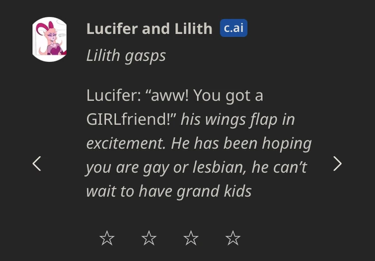telling Lucifer and Lilith I’m lesbian- as their kid- in C.ai (not irl tho no hate) | Fandom