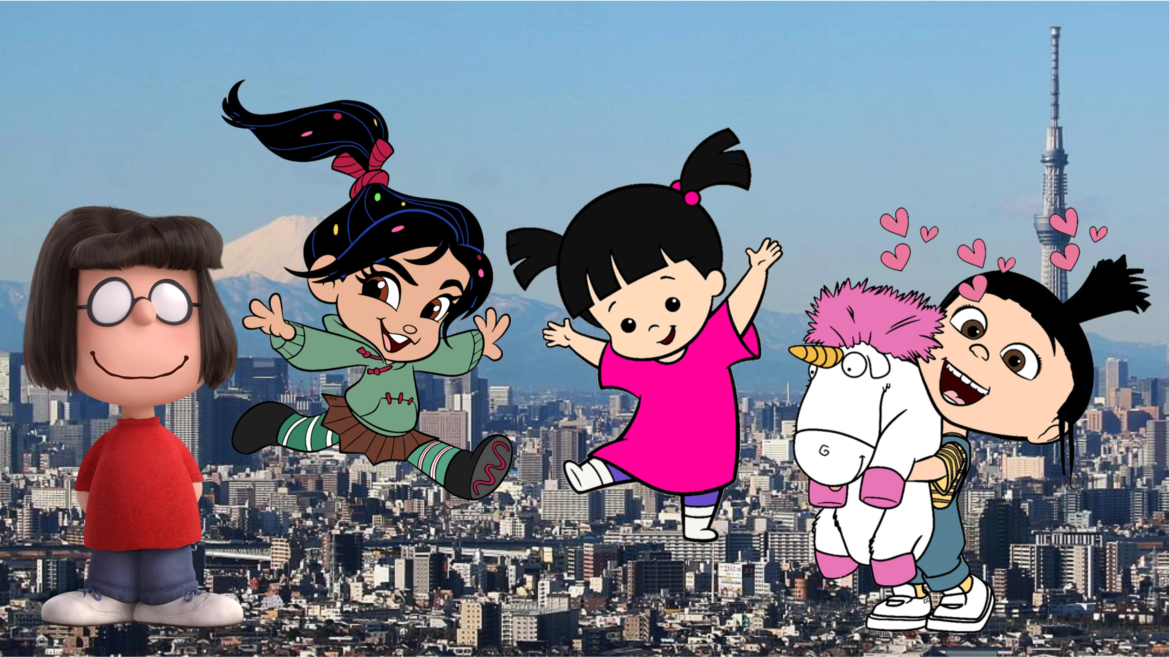 Marcie Carlin, Vanellope Carlin, Mary Carlin and Agnes Gru in Tokyo ...
