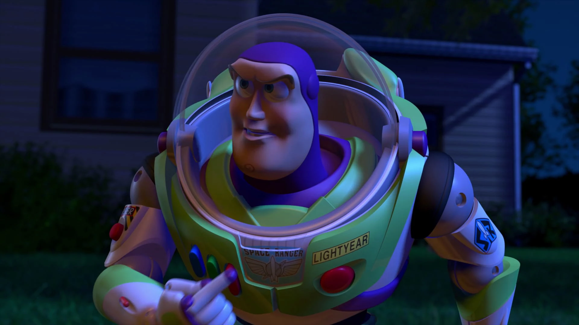 In "Toy Story 2" what is Buzz Lightyear's purpose on pointing at his ...