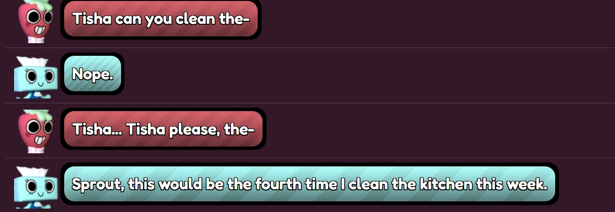 why does sprout want tisha to clean the kitchen | Fandom