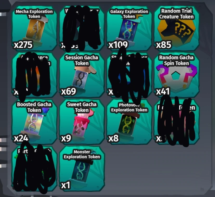 I need worths of these tokens, plushies, palettes and materials ...