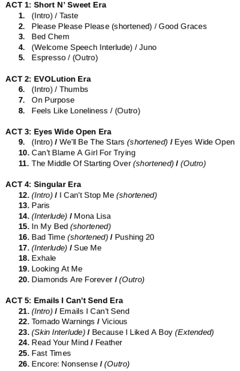 Updating my Sabrina Carpenter Eras Tour setlist | Fandom