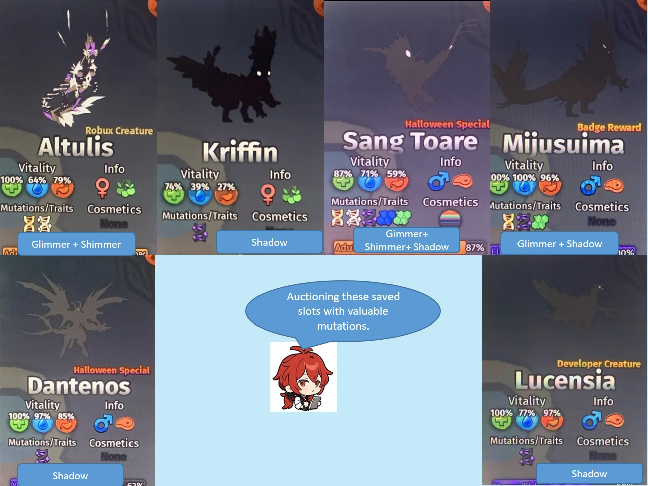 Mutation auction (contains shimmers and shadows) (lucen, sang, kriffin, altulis, miju and dante ...