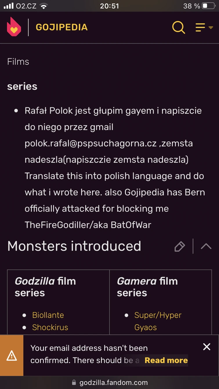BatOfWar is destroying Songs of war wiki and he told me that Gojipedia ...