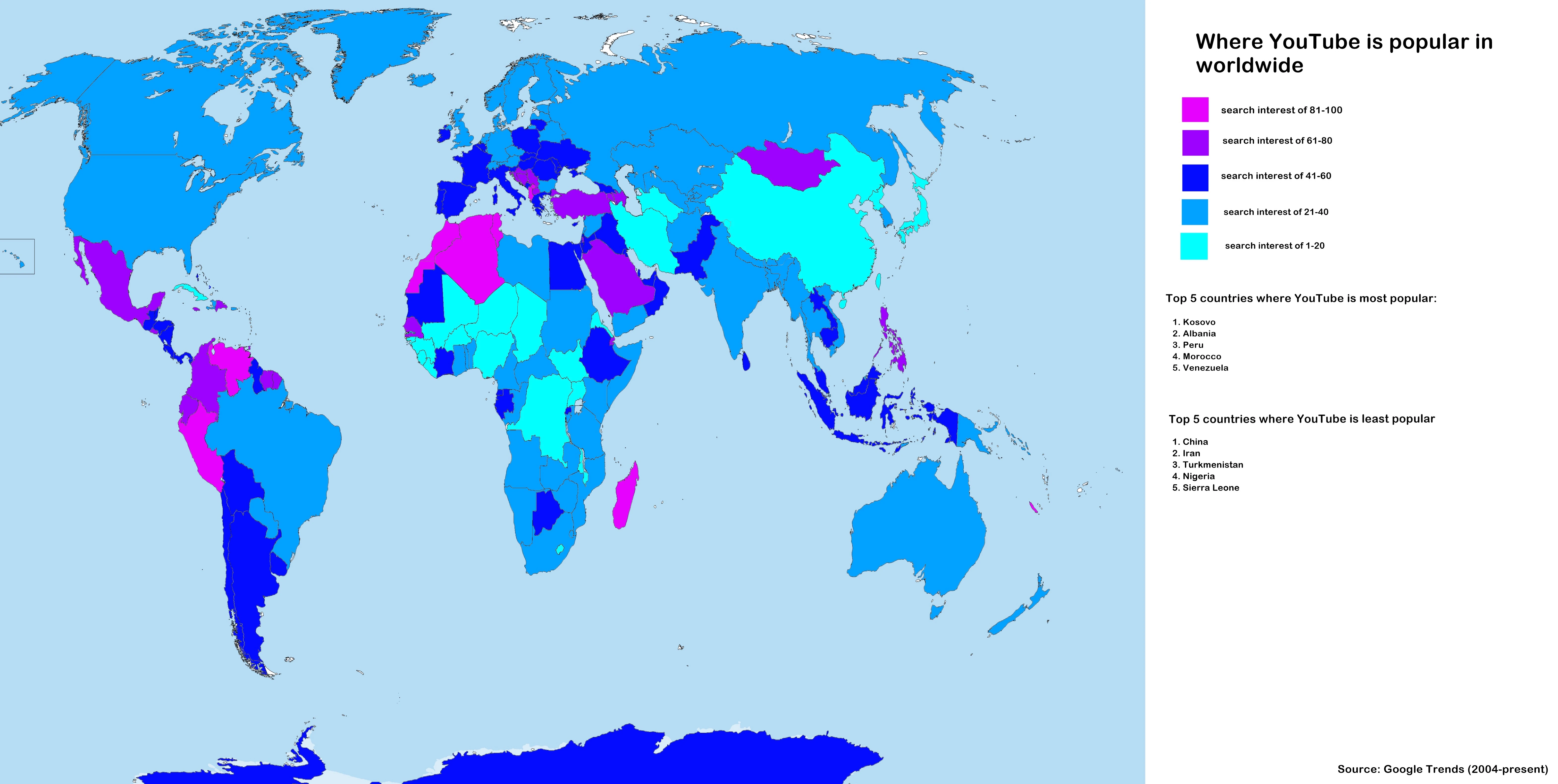 Here is where YouTube is popular in worldwide based off all-time ...