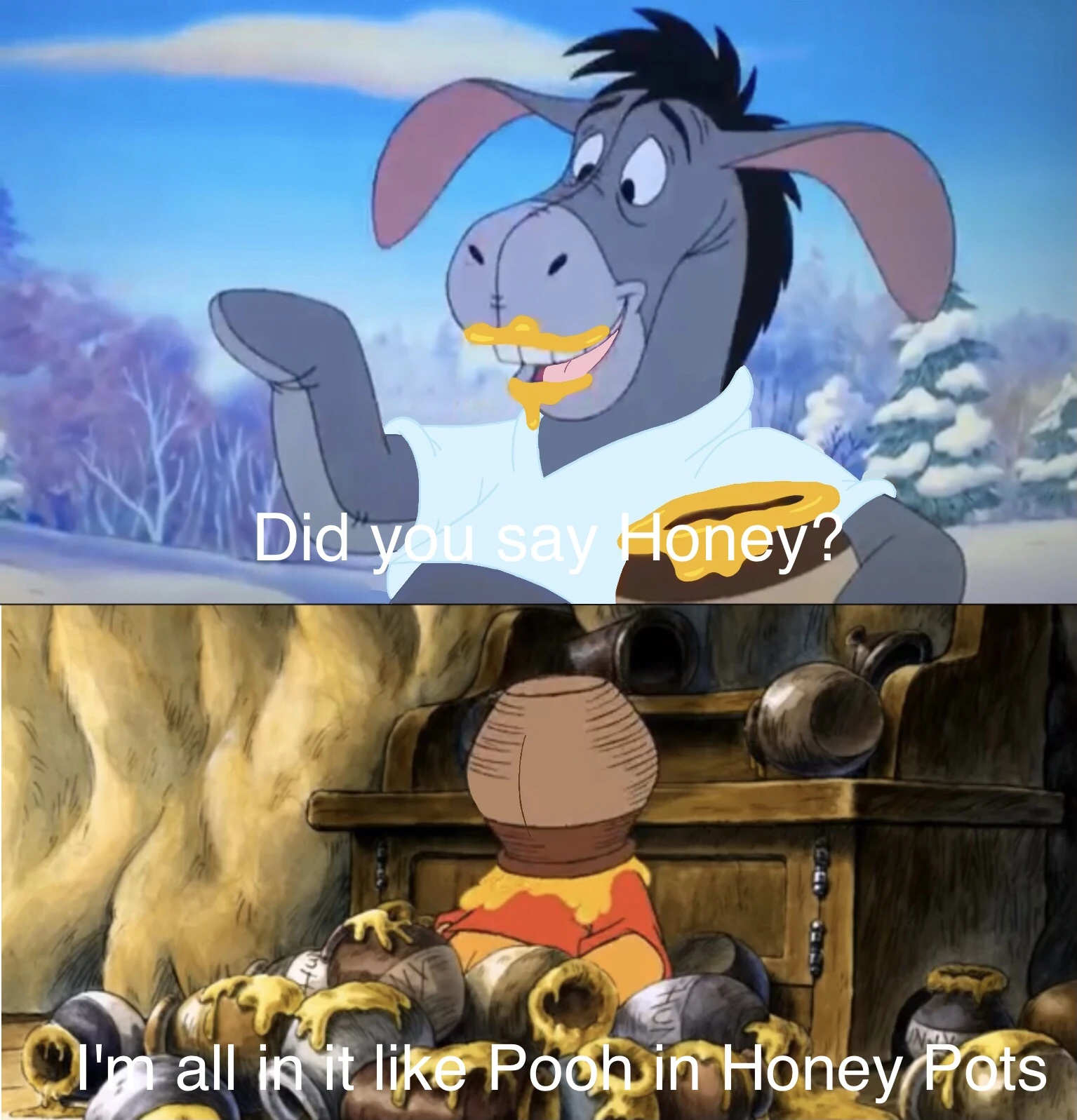 Look how Pooh and Eeyore are so happy of loving their favourite food ...