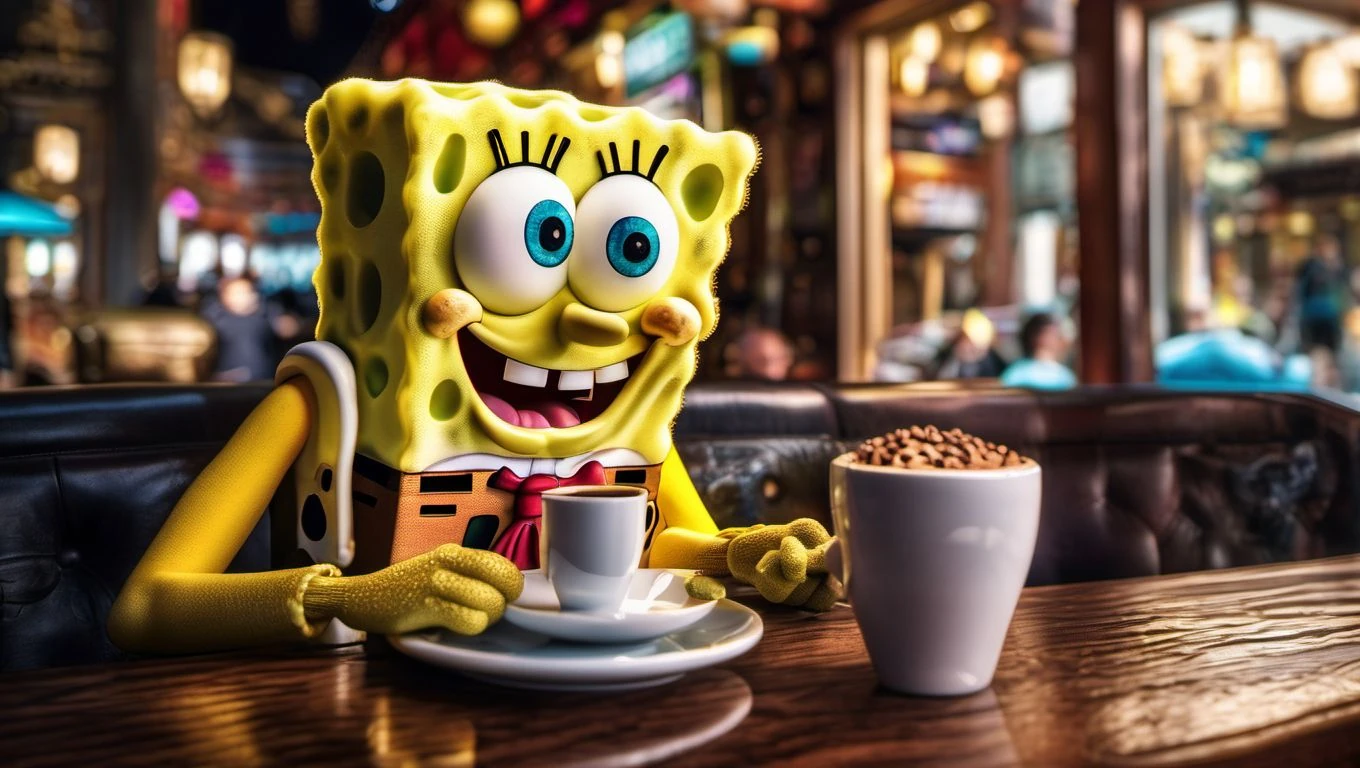 A ai generated image of spongebob drinking coffee at Hollywood | Fandom