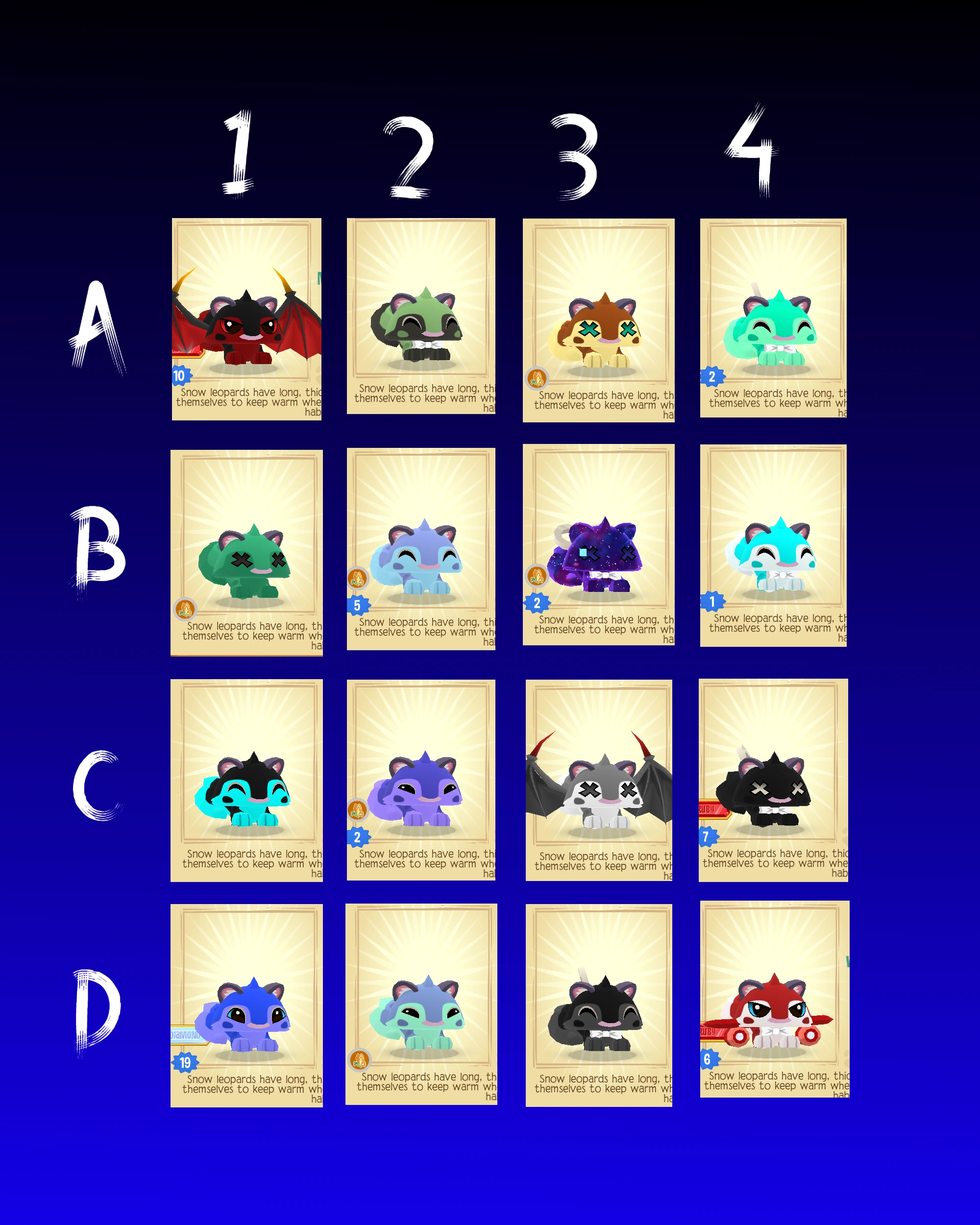 I made a chart for my favorite Snow Leopards out of my collection! :D ...