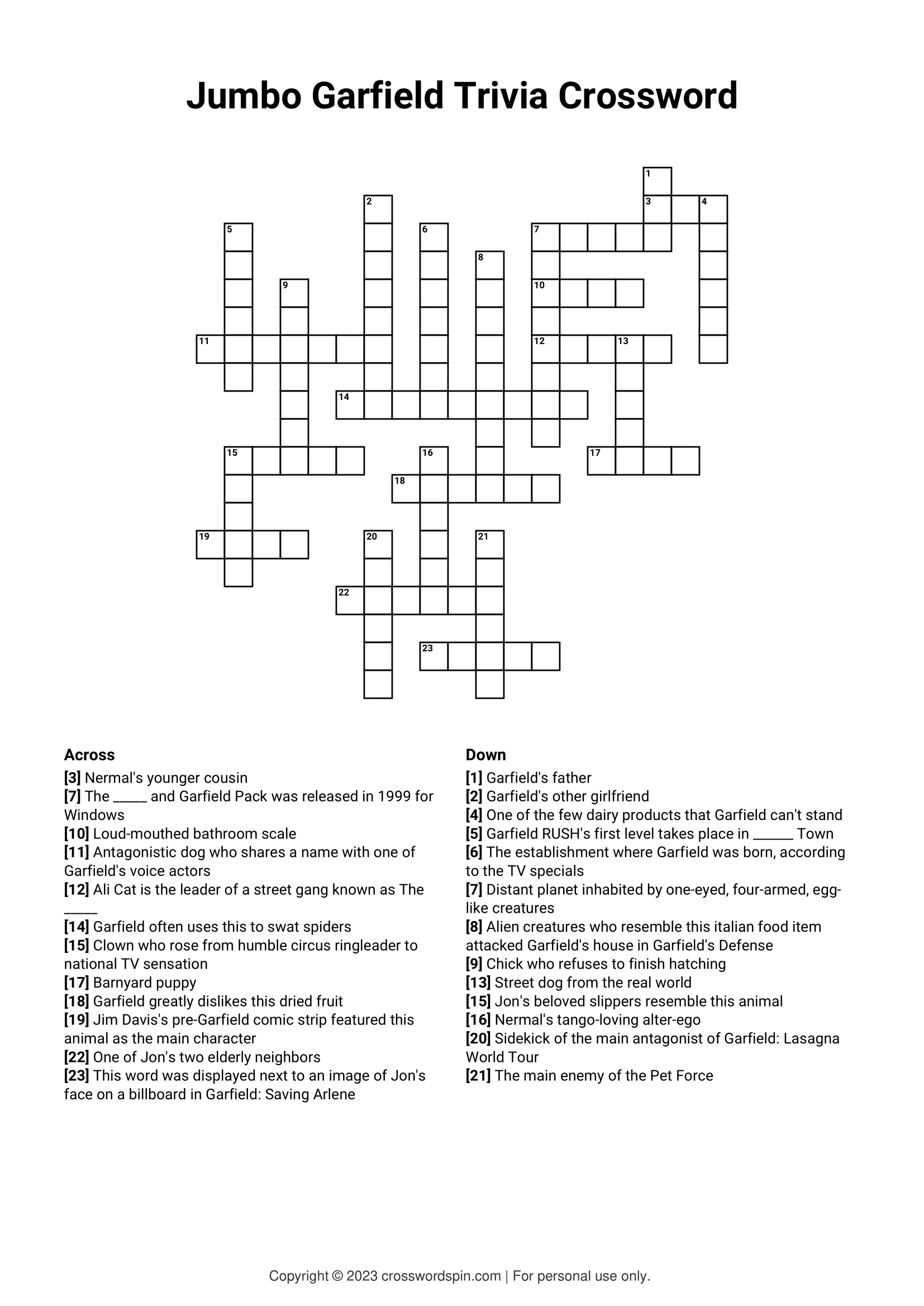 Jumbo Garfield Trivia Crossword | Fandom