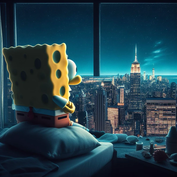 Some AI Art of SpongeBob Looking at the City Skyline at Night | Fandom