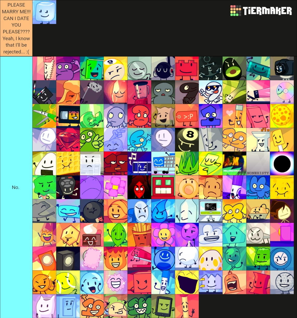 Tier list that shows how much I want to date with various BFDI ...