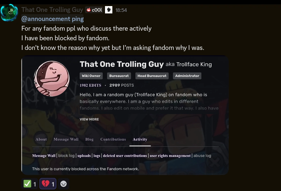 Troll got blocked off of fandom | Fandom