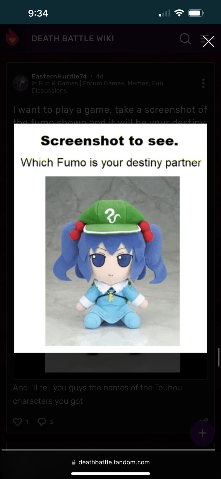 I want to play a game, take a screenshot of the fumo shown and it will ...