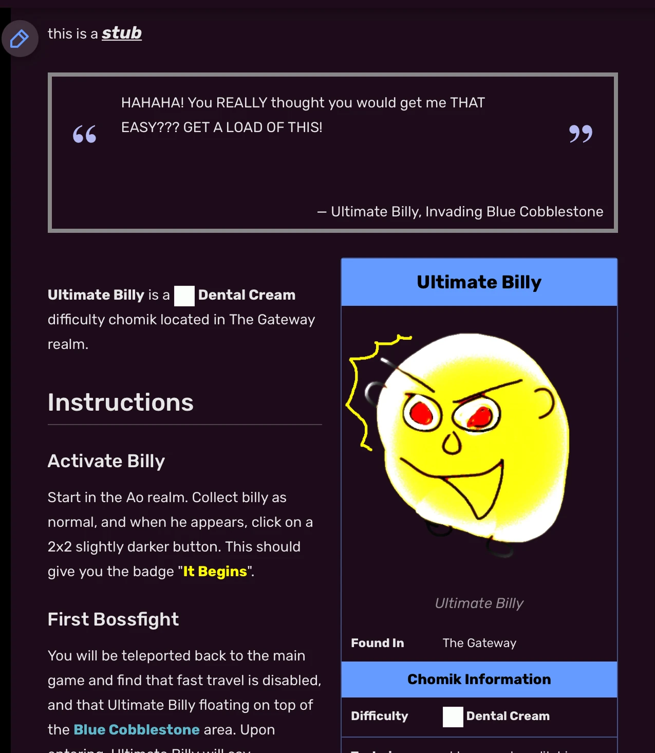 first version of ultimate billy | Fandom