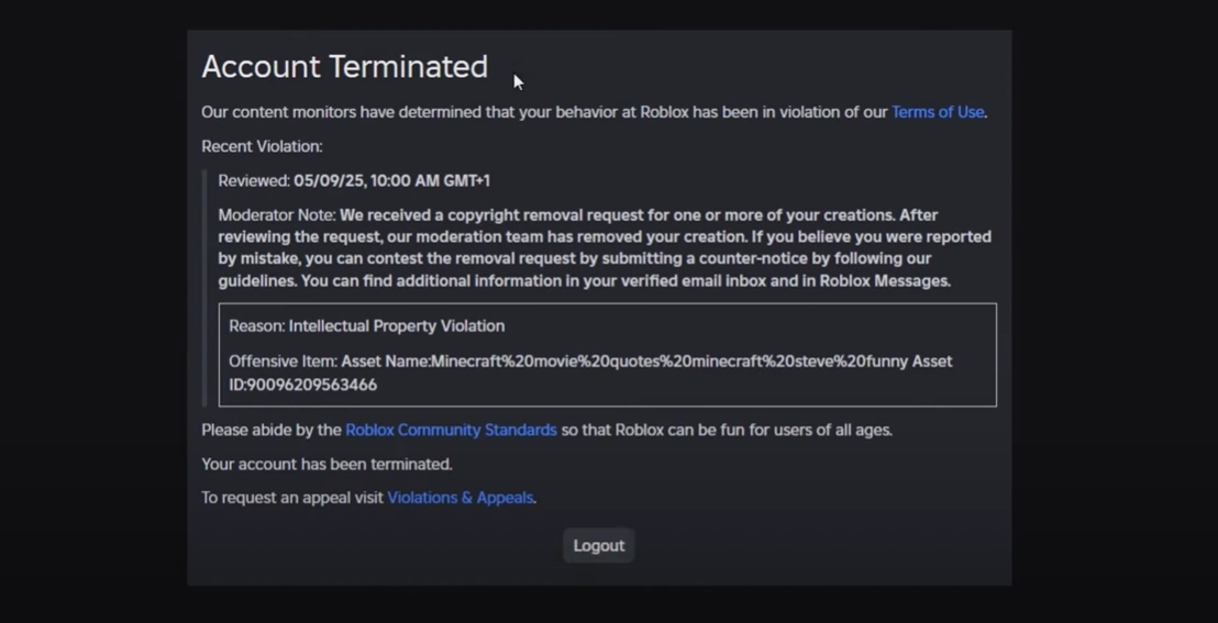 Account Terrminated Roblox | Fandom