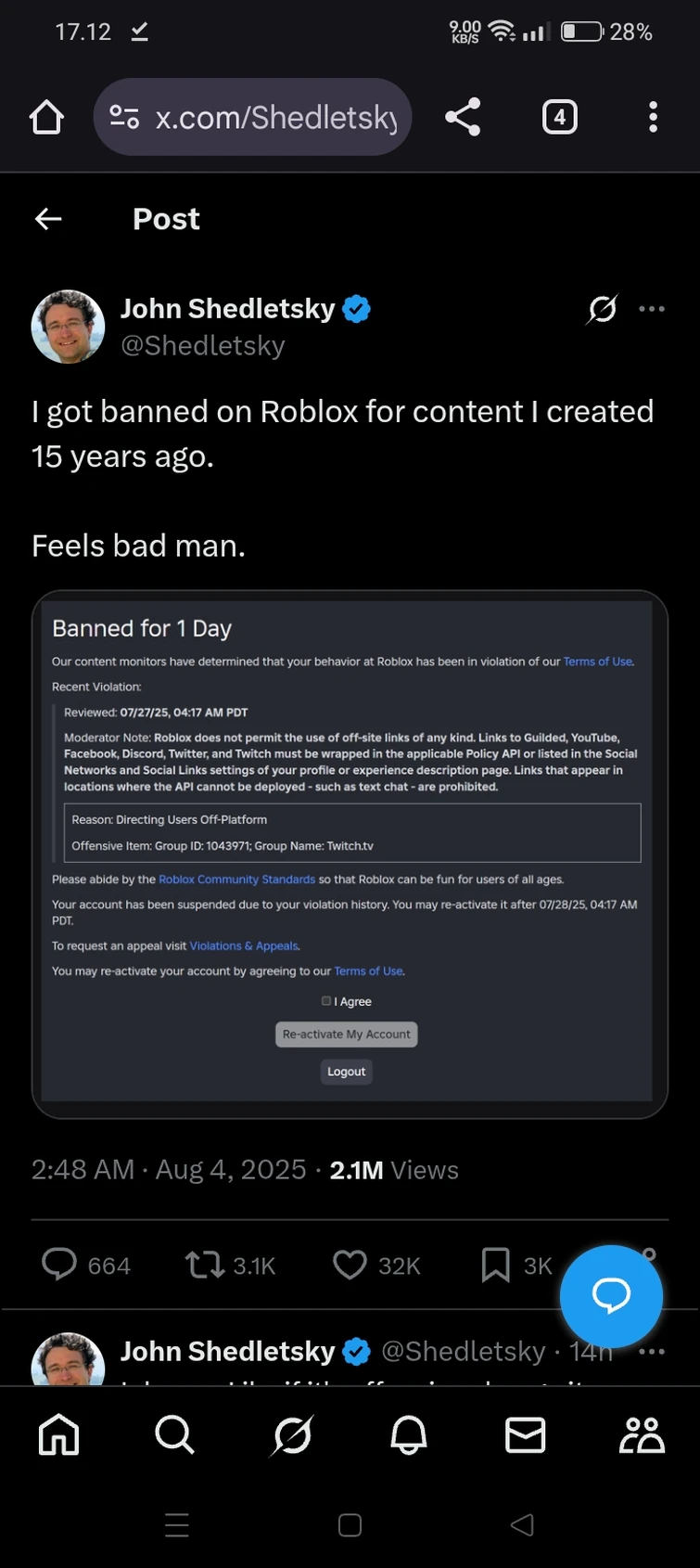 Shedletsky got his Roblox account banned for creating content from 2010 ...