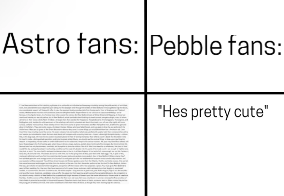 Astro and pebble fans when you ask them why they like that character ...