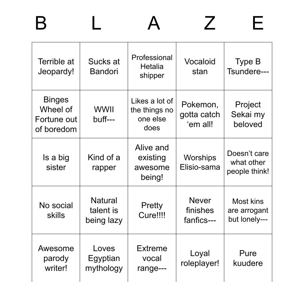 Blaze's bingo card!!! | Fandom