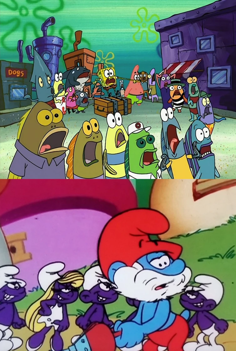 SpongeBob pointing at Purple Smurfs | Fandom