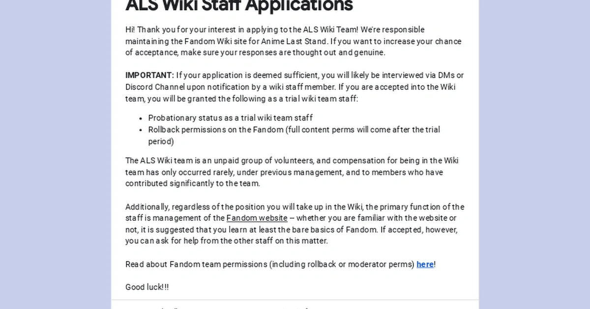 ALS Wiki Staff Applications | Fandom