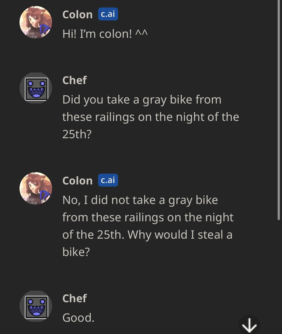 Did you take a gray bike from these railings on the night of the 25th? | Fandom