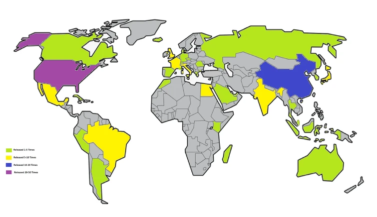 I Made a Map About Countries's How Many Times Has It Been Released In ...