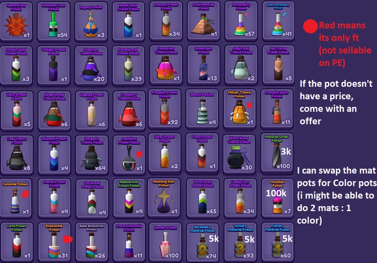 Trading/selling potions and accessories (cheap mat pots) !Looking for Breeding Cooldown pots ...