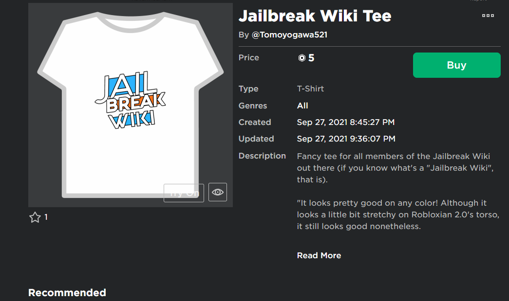 I love Jailbreak Wiki Tee and I am going to wear it alot | Fandom