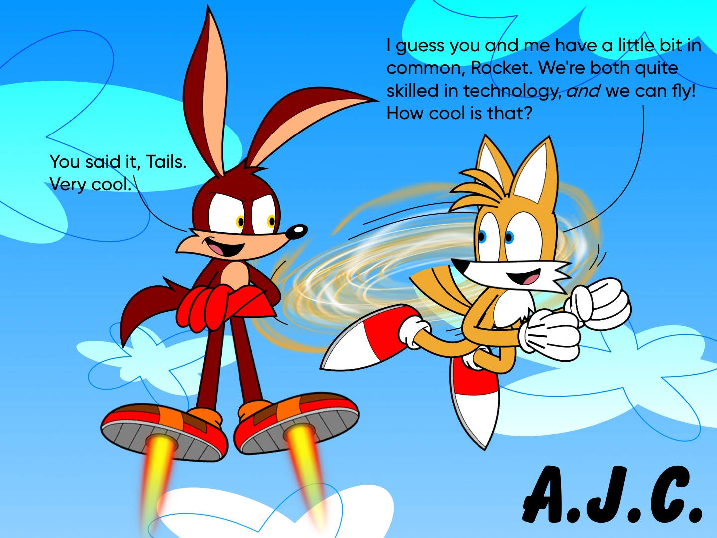 Rocket (my OC) and Tails flying together | Fandom