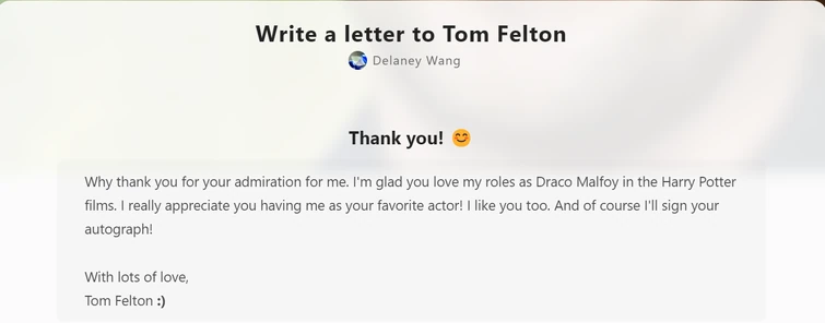 Write a Letter to Tom Felton Quiz | Fandom