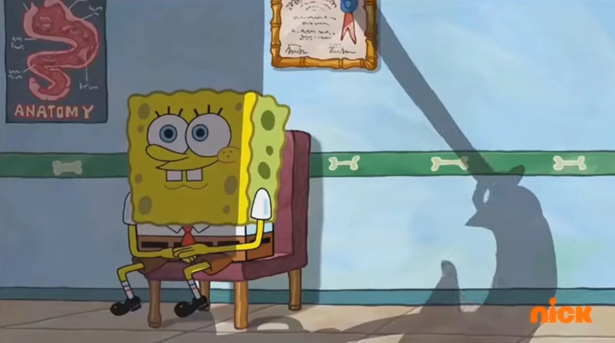 SpongeBob smiling as he watches the Doctor get eaten by the robot | Fandom