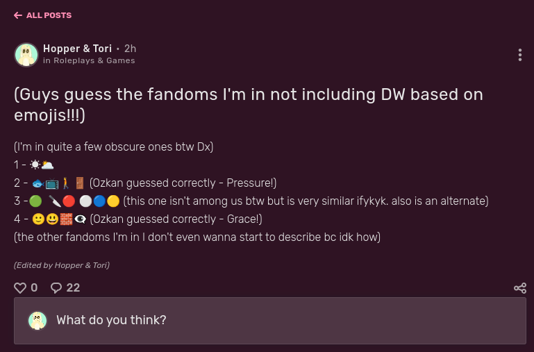 (Reveal for the guessing fandoms based on emojis post!) | Fandom