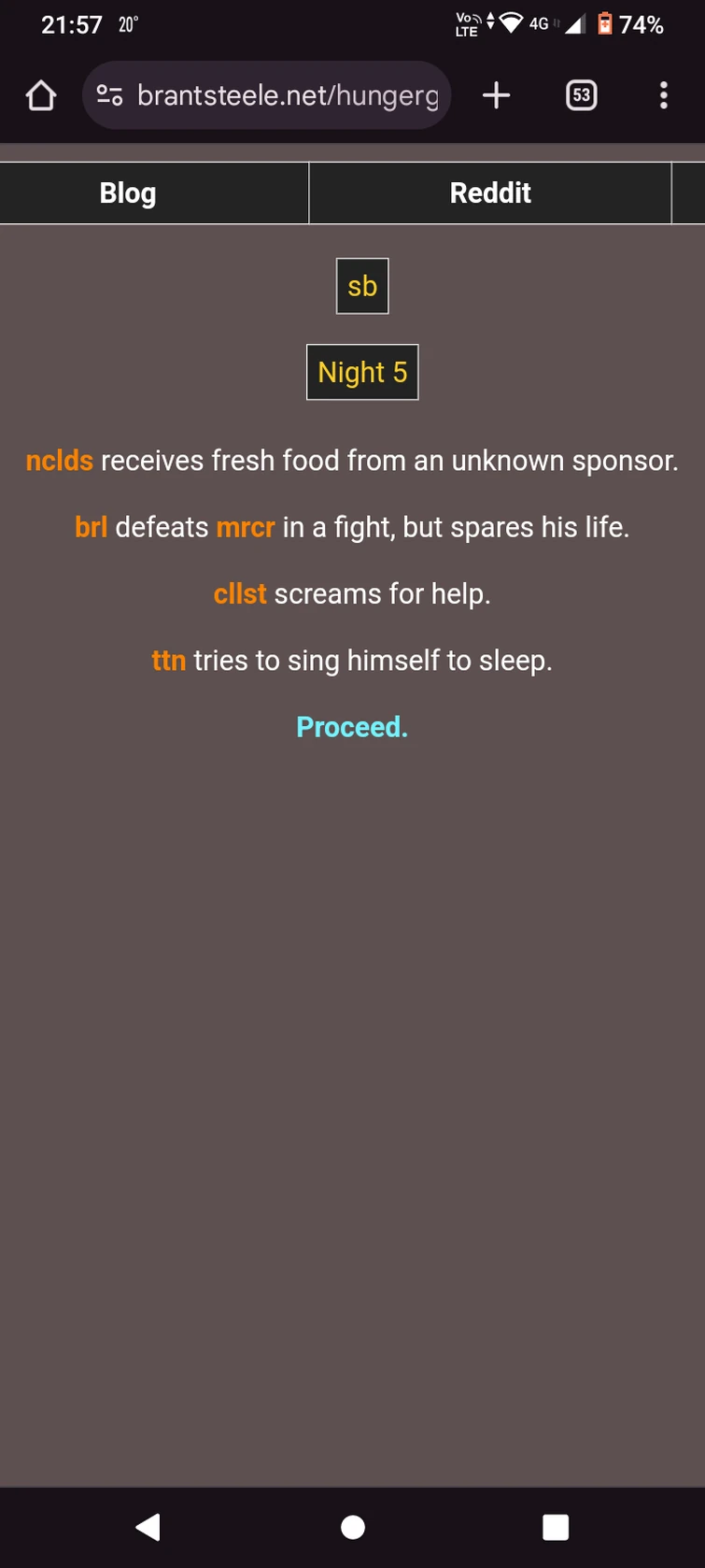 I tried the hunger games simulator (decoding the names in the comments when i wake up tmrrw ...