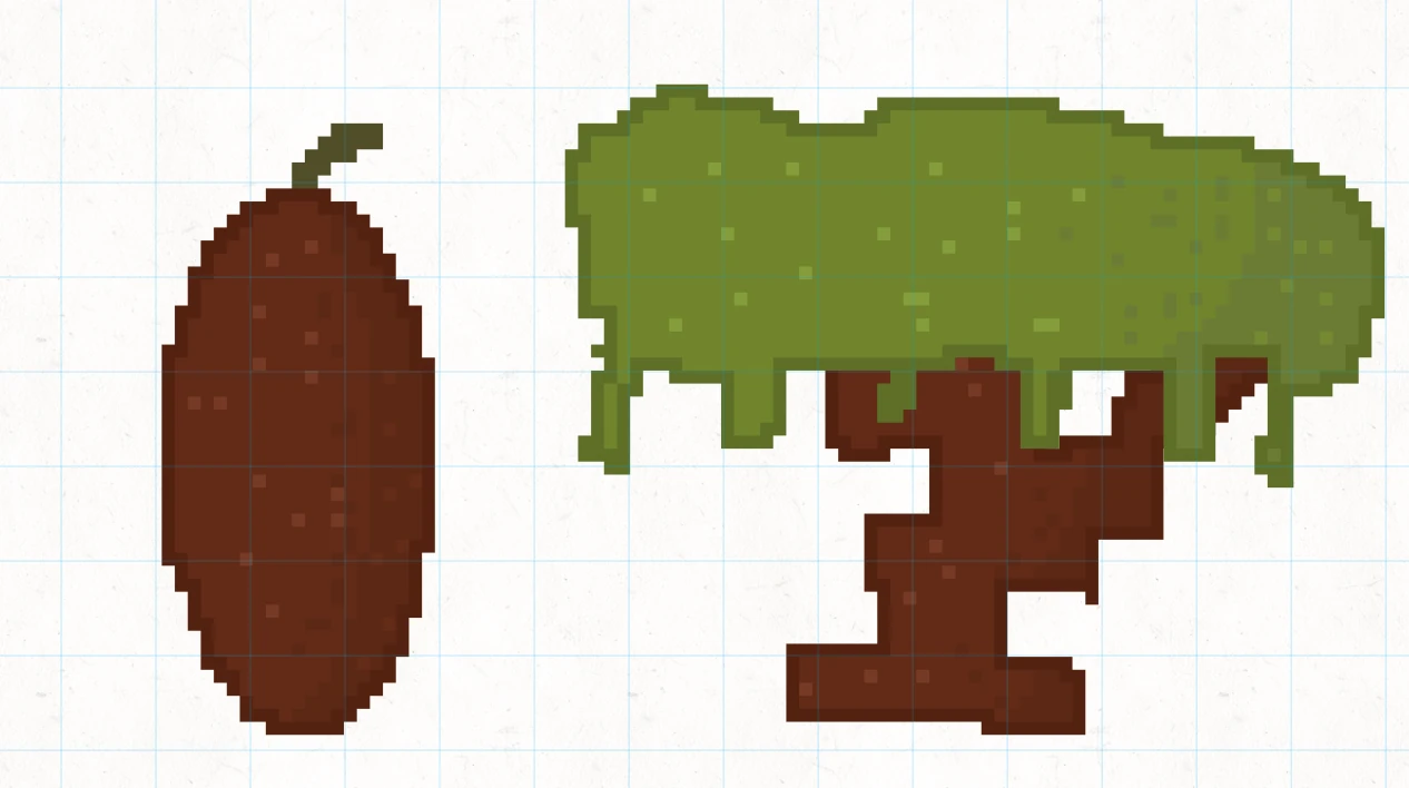 Cacao, pepper, mushroom, and grapes pixelated (Accidentally added mango ...