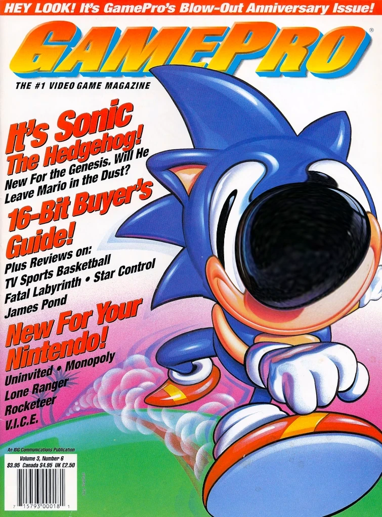 Really weird looking Sonic on the cover of an issue of GamePro magazine ...