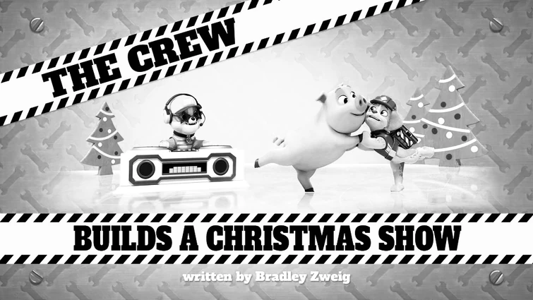The crew builds a Christmas show title card in black and white style ...