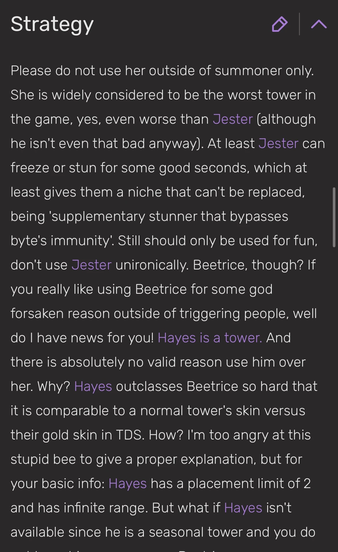 I love how the strategy section on beetrice’s page is just urging you not to use her | Fandom