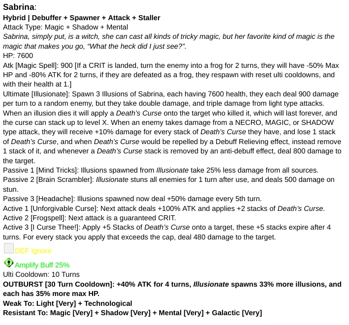 Character Overview: Sabrina - Turn Based Game | Fandom