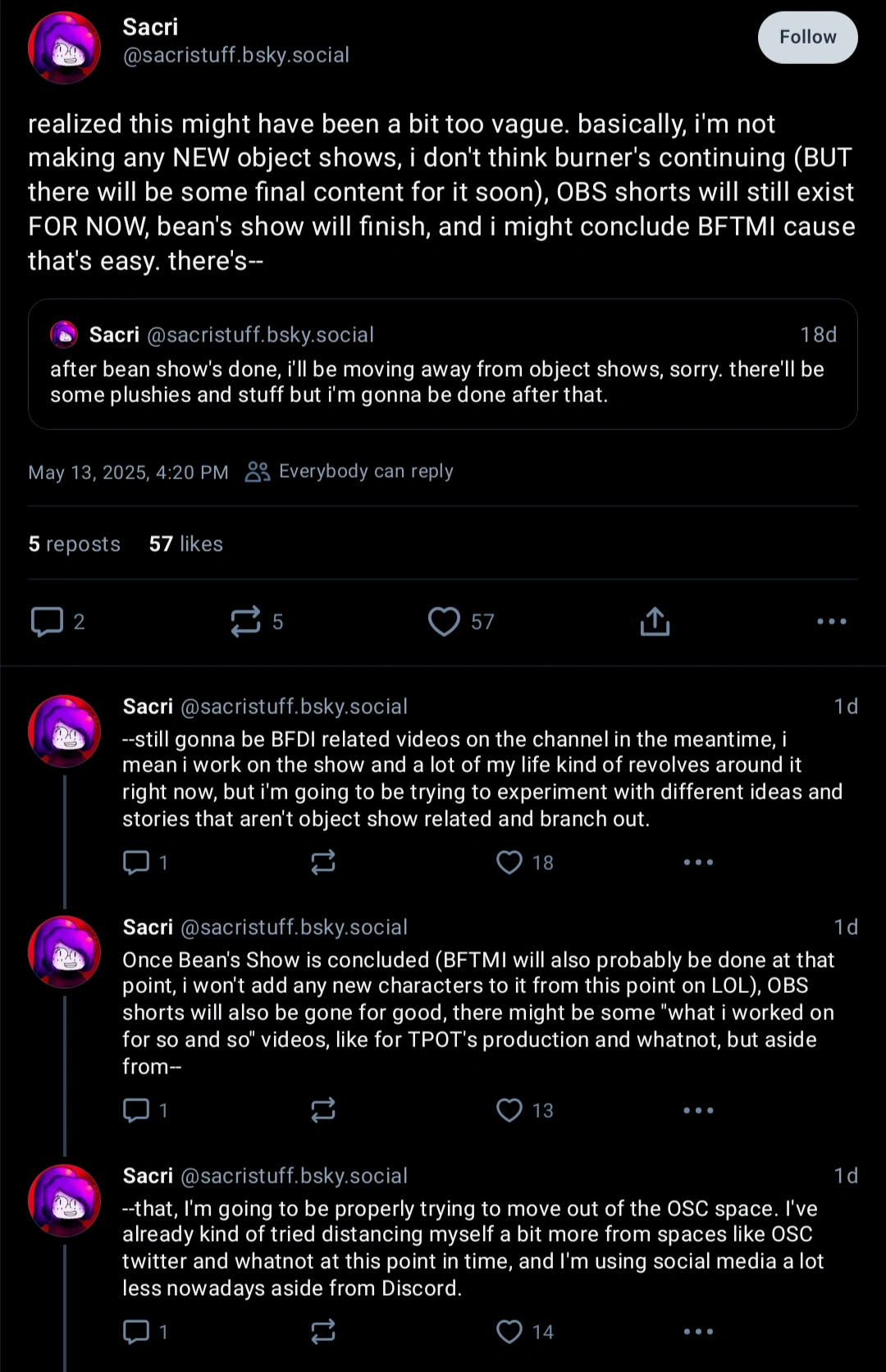 Sacri's post about object shows | Fandom