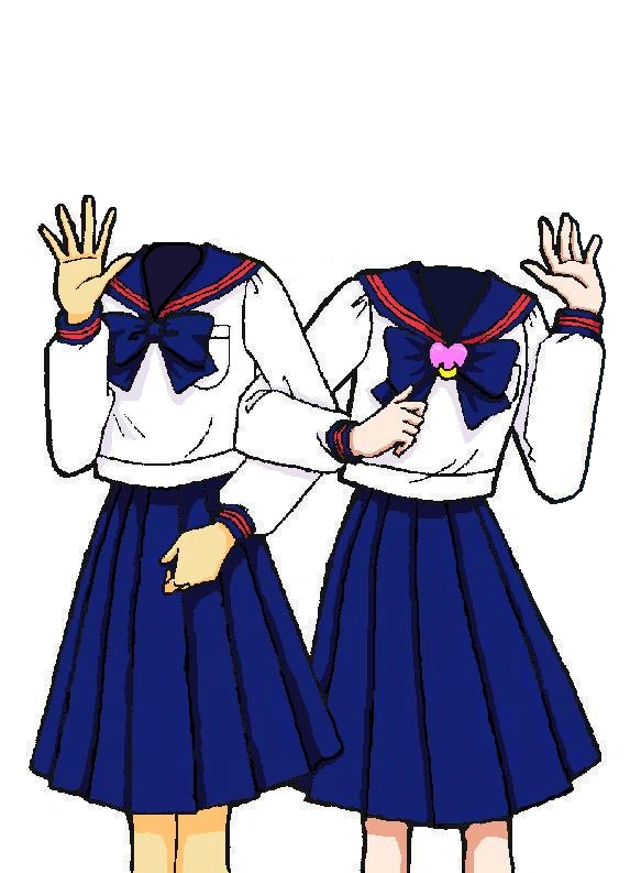 Ami Mizuno and Usagi Tsukino hiding their heads inside of their bodies while waving with their ...