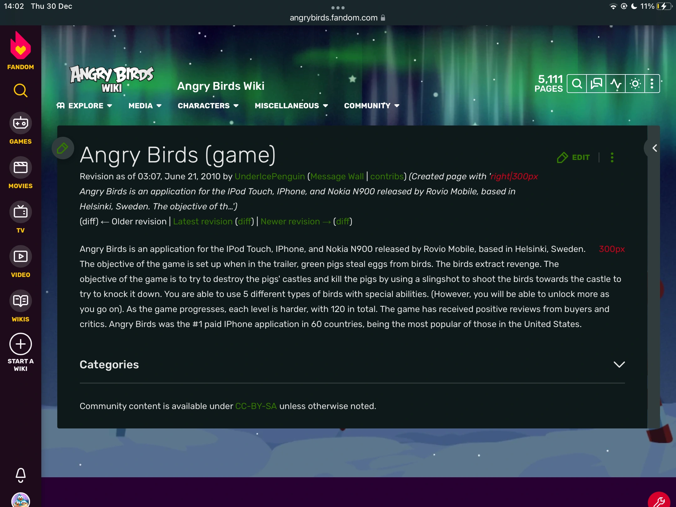 The first version of the Angry Birds (game) wiki page | Fandom