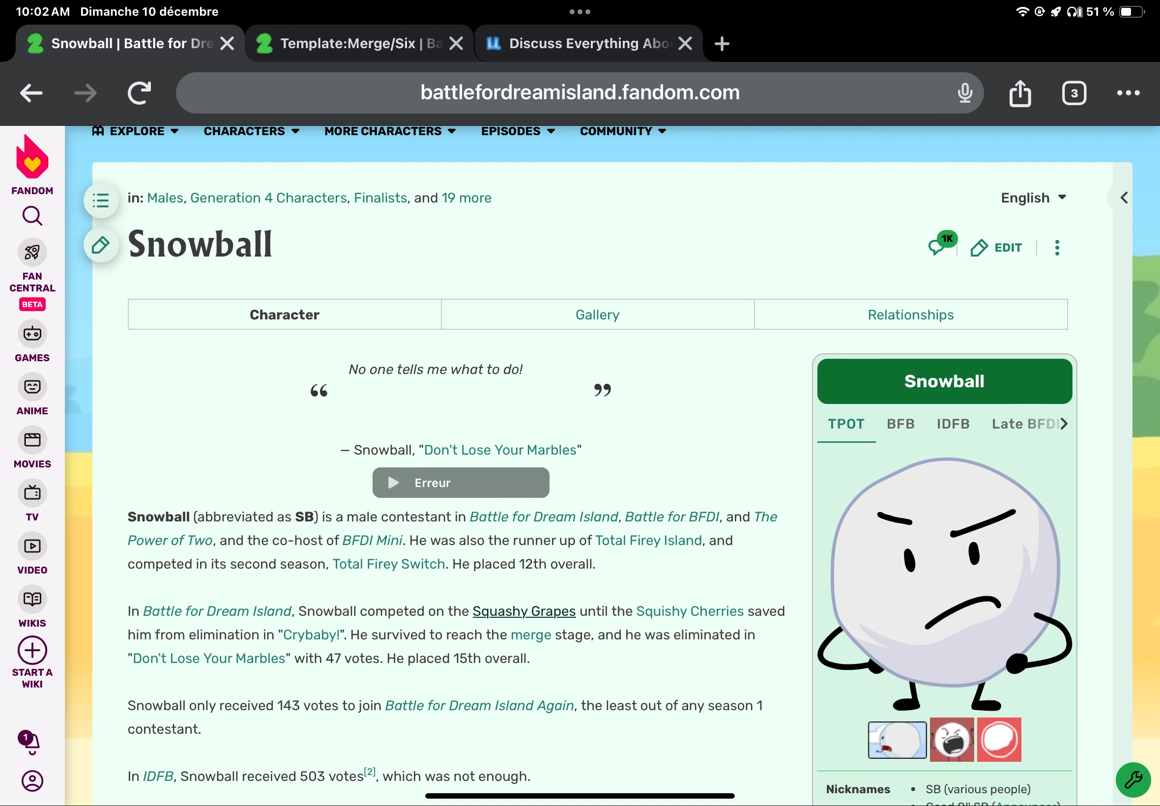 Day 10, Trying to find Christmas related things on BFB wiki, Snowball ...