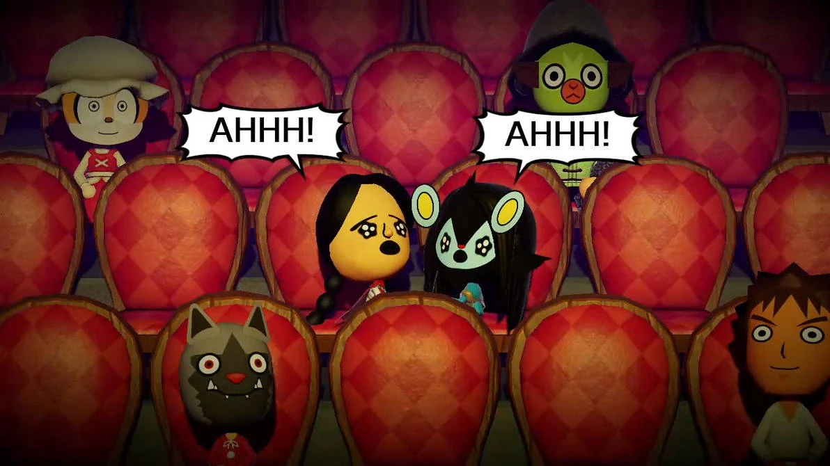 Xiao-Tong and Luxio at Miitopia Cinema Watching Horror Movie | Fandom