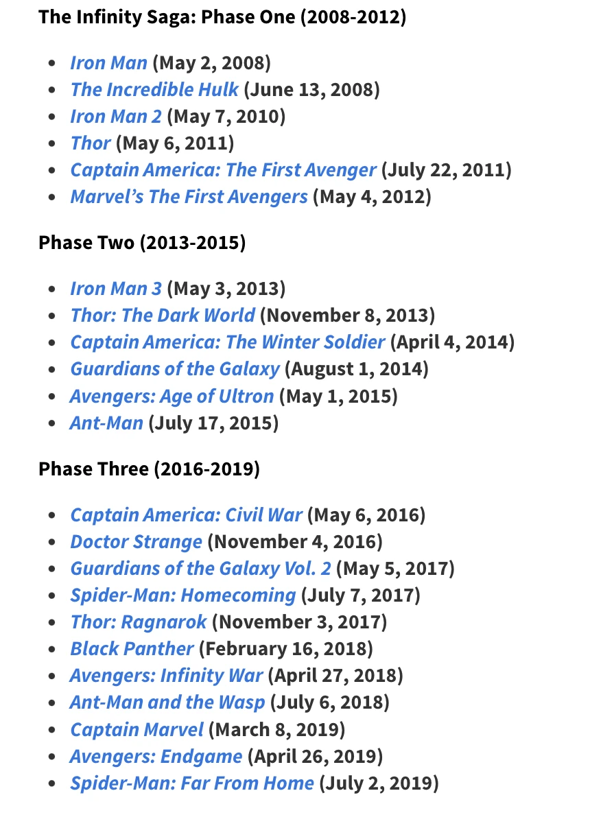 Quick question: what is the proper order to watch the Marvel movies ...